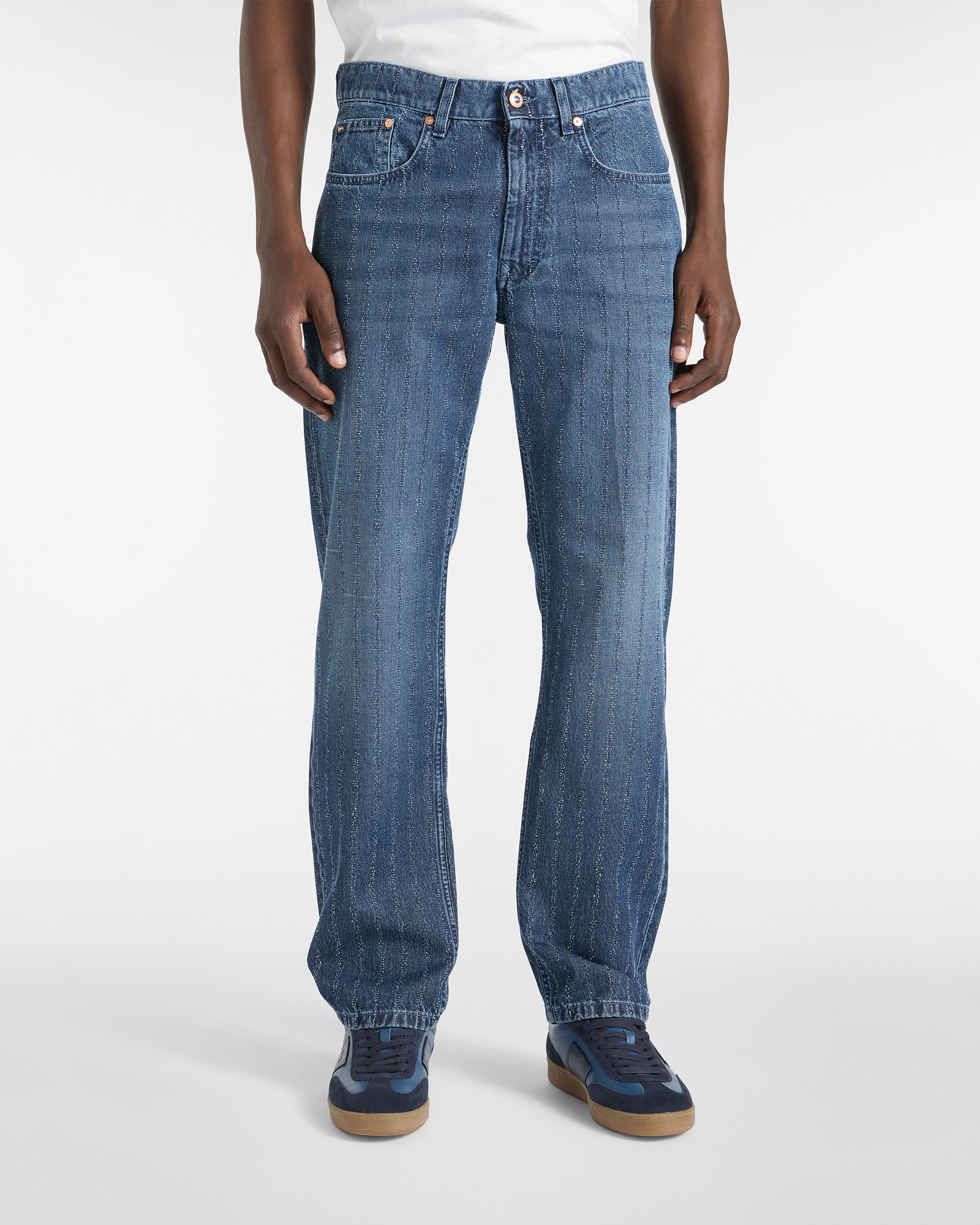 Jeans in Needle-Punched Denim in Denim Blue: Luxury Italian Trousers ...