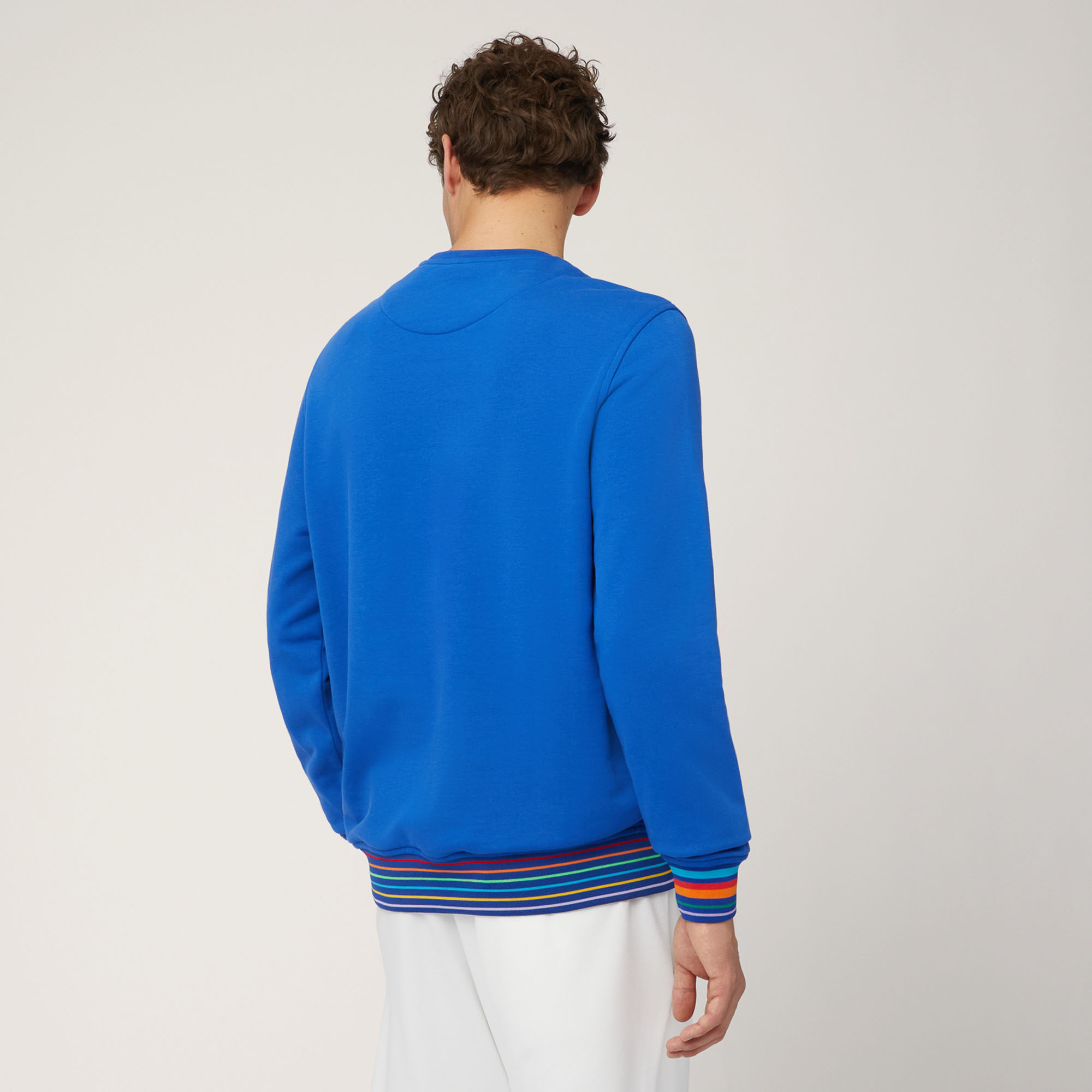 Crew Neck Cotton Pullover with Striped Details